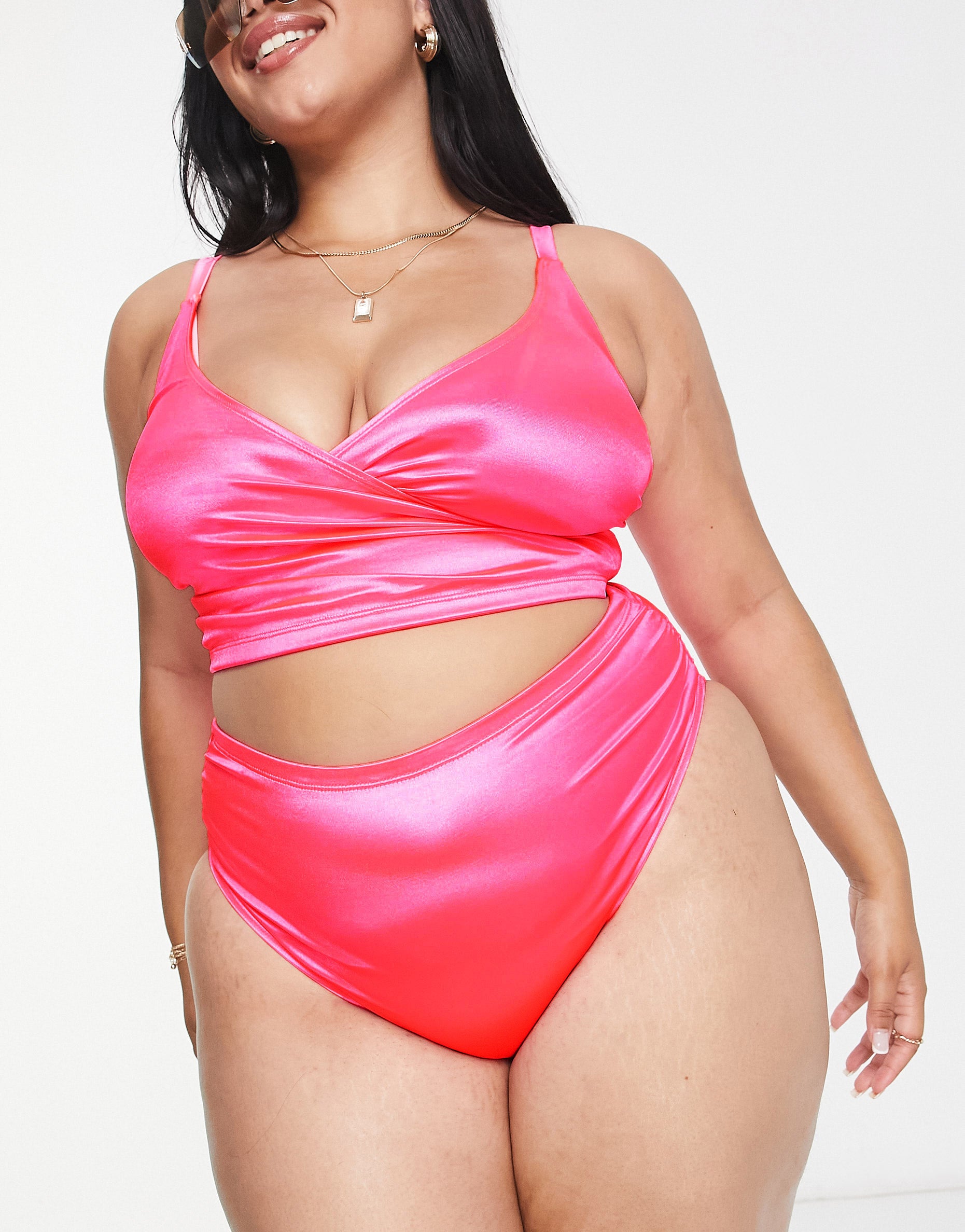 ASOS DESIGN Curve mix and match cross front ruched bikini top in pink – ASOS Sample Sale