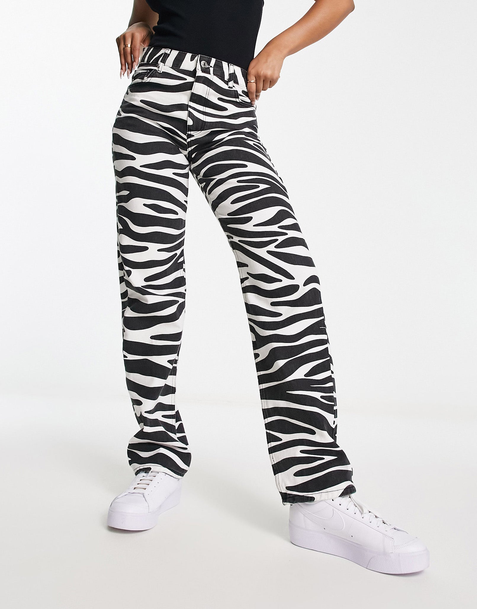 Bershka high waisted cropped straight leg jeans in zebra print – ASOS ...