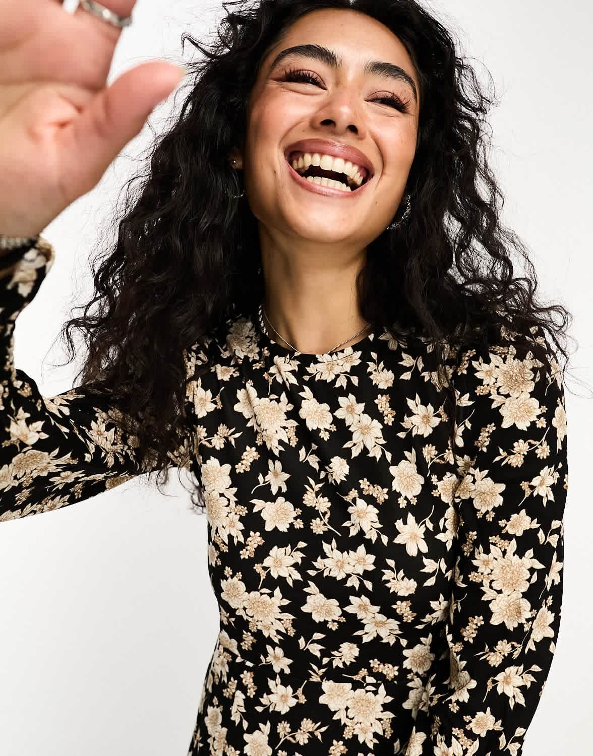 Mango long sleeve structured shoulder split leg floral printed midi dr ...