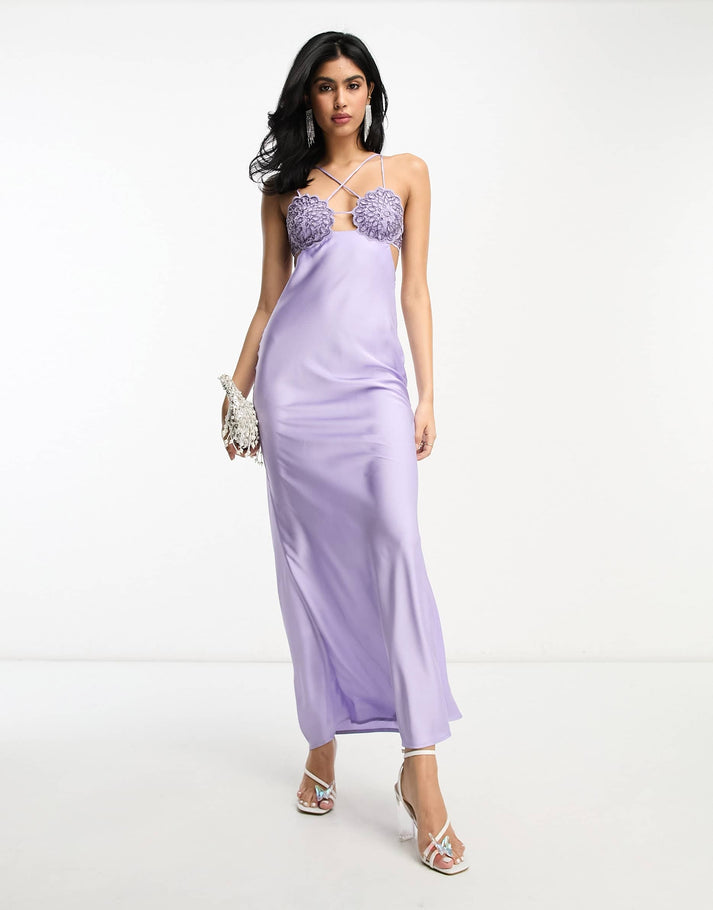 ASOS DESIGN embellished crochet cut out satin midi dress in purple – ASOS Sample Sale