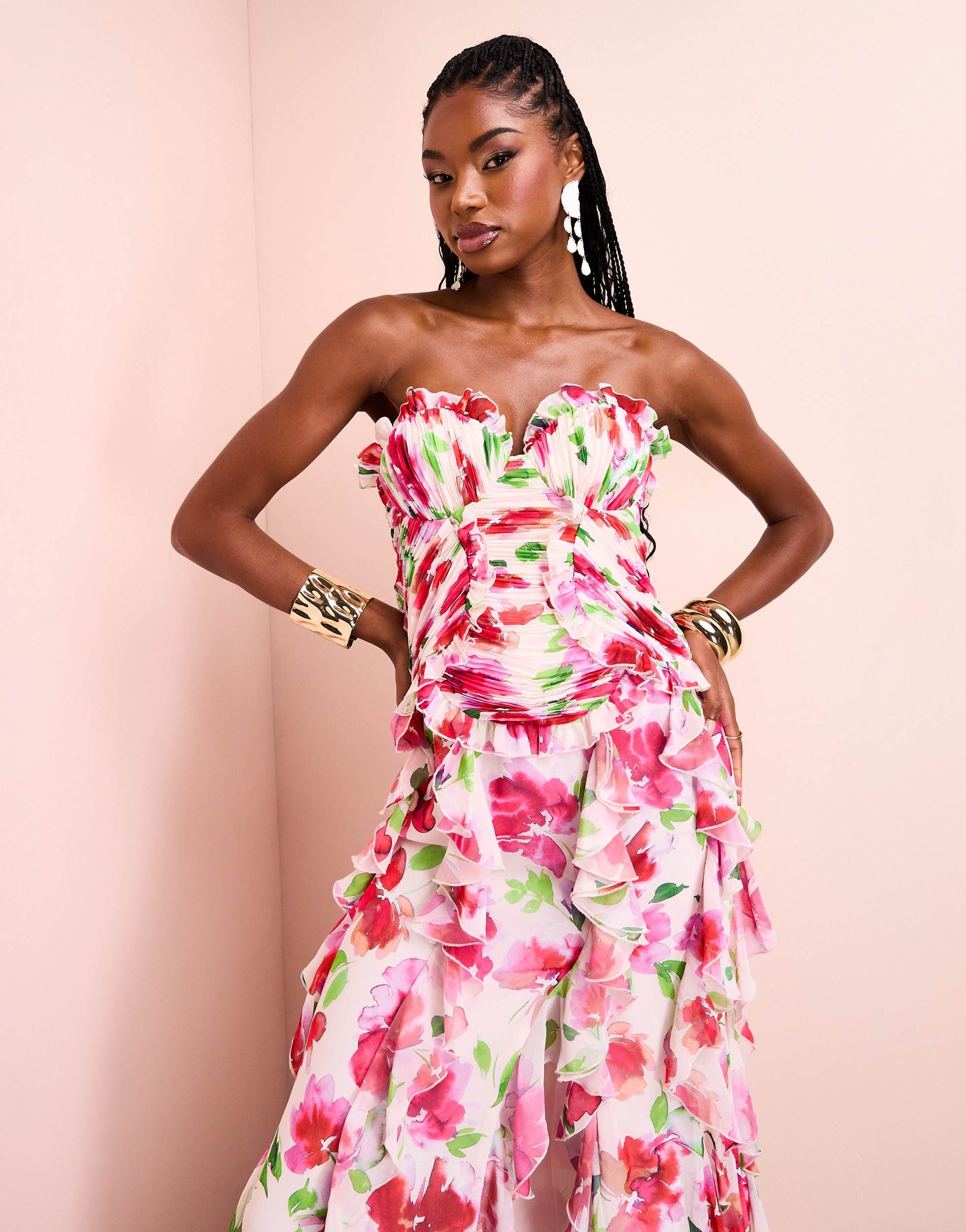 ASOS LUXE organza ruched bandeau maxi dress with ruffle skirt in pink ...