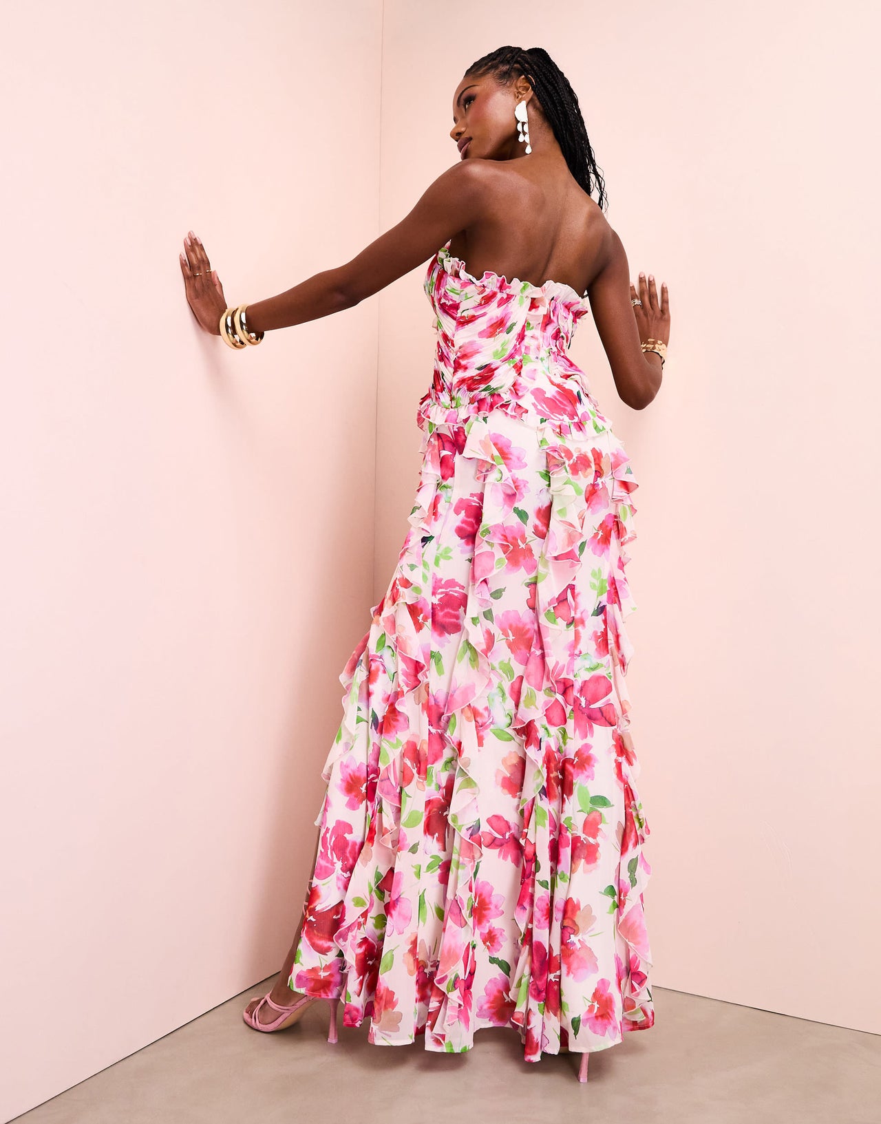 ASOS LUXE organza ruched bandeau maxi dress with ruffle skirt in pink ...