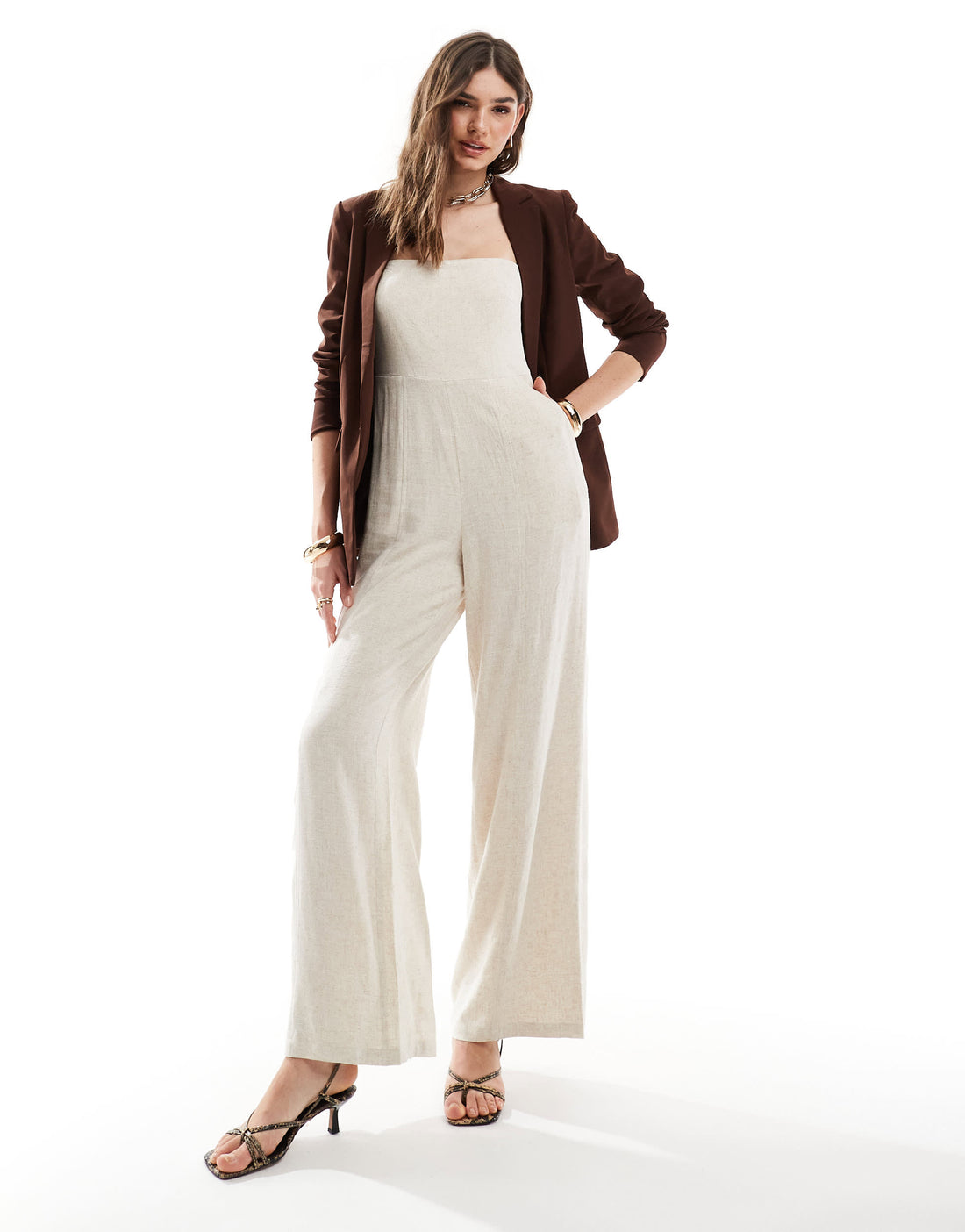 4th & Reckless linen mix bandeau wide leg jumpsuit in beige – ASOS ...