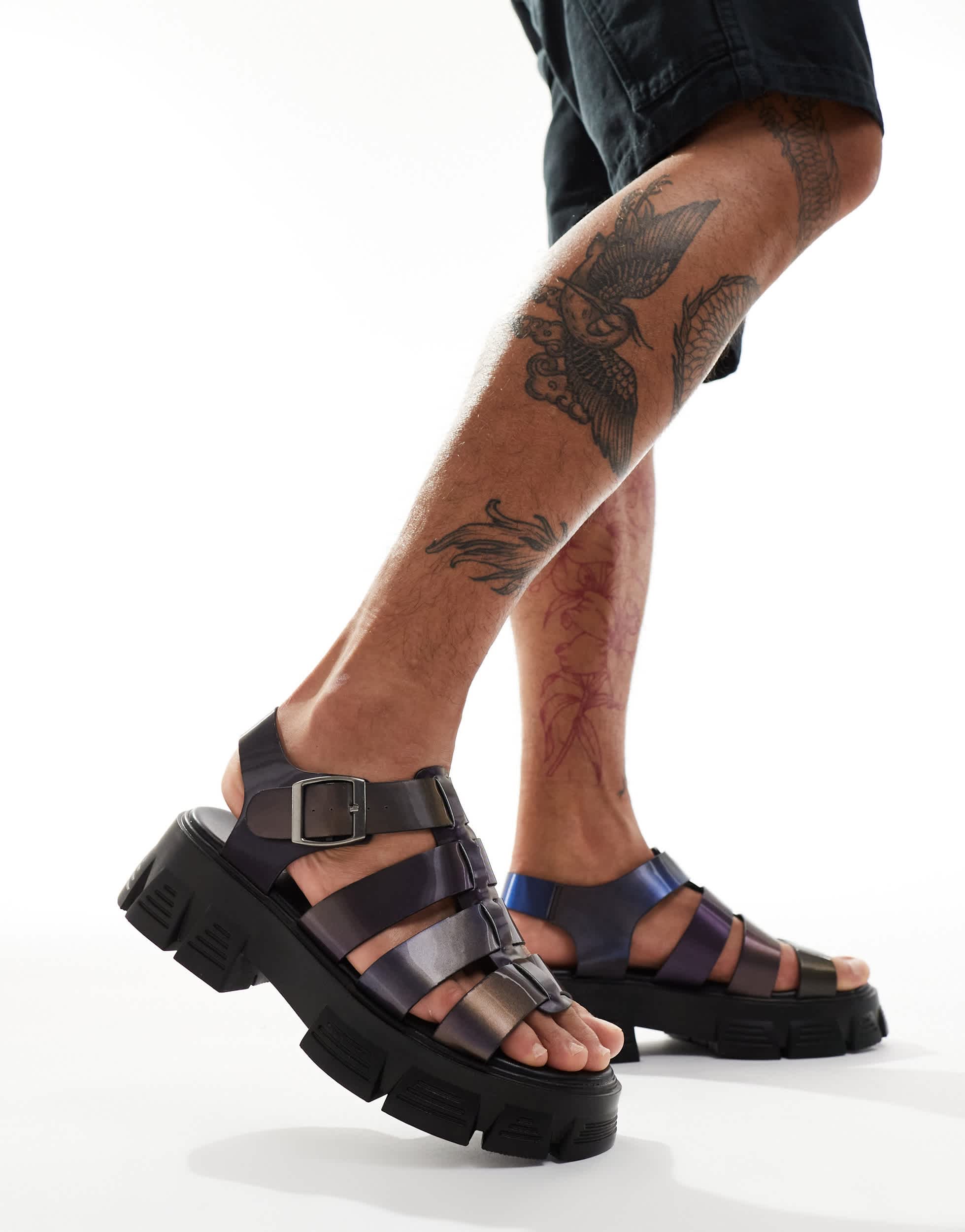ASOS DESIGN chunky gladiator sandal in chrome metallic faux leather ...