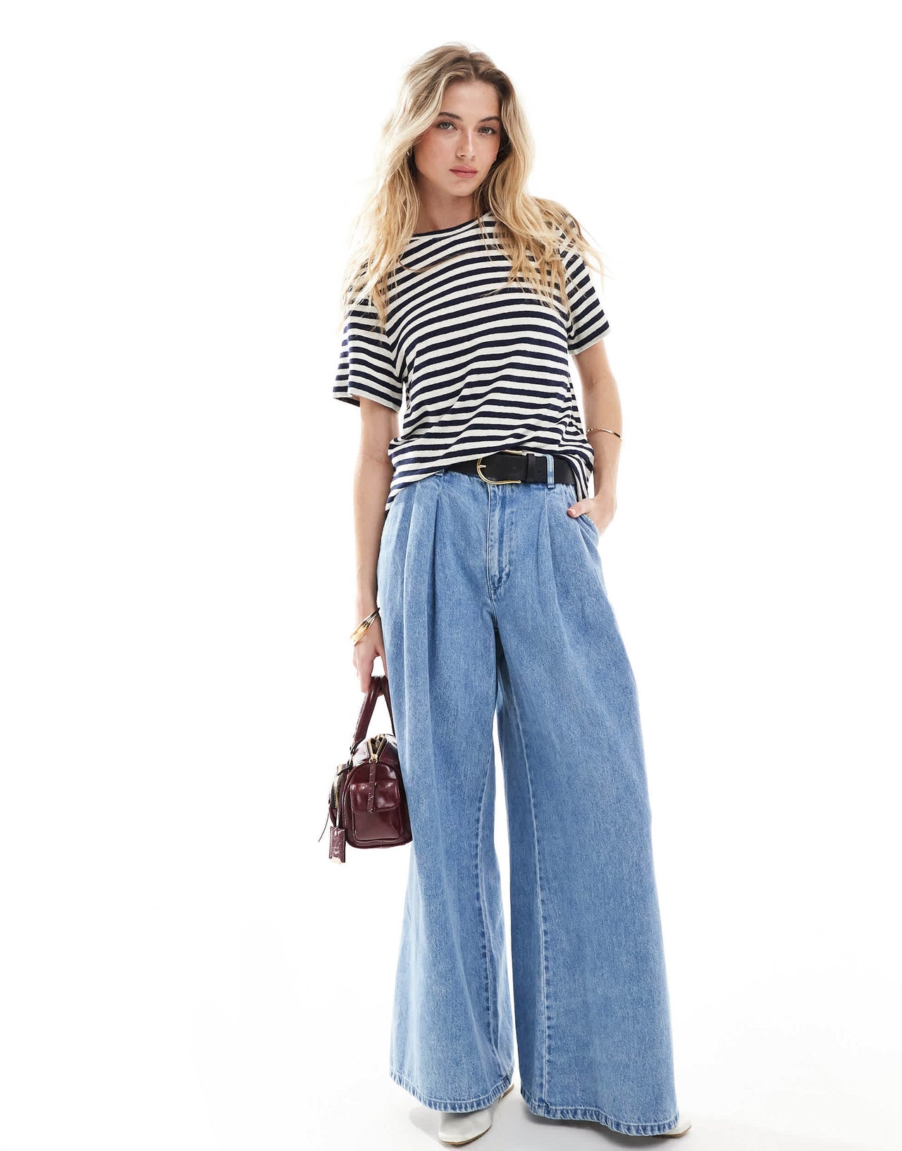 & Other Stories linen blend relaxed short sleeve t-shirt in blue and w ...