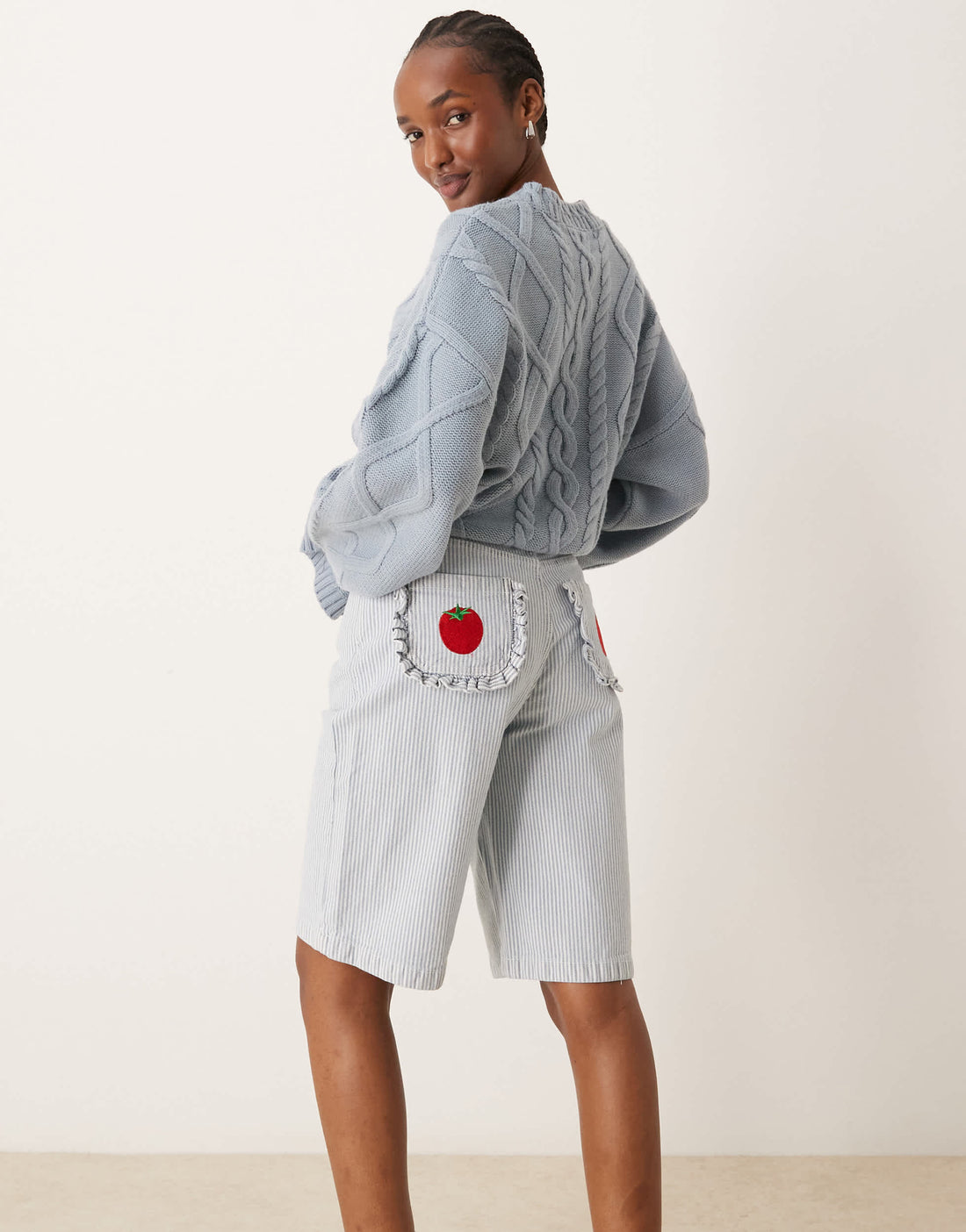 Neon Rose hickory stripe tomato embroidered jorts in light blue – ASOS ...