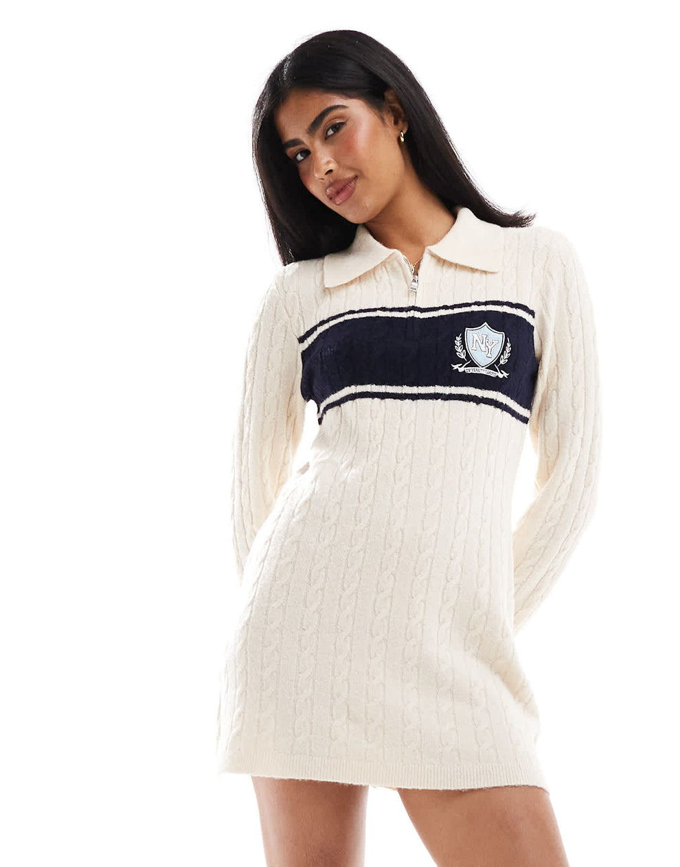 Miss Selfridge zip detail varsity polo collar knitted mini dress in cr ...