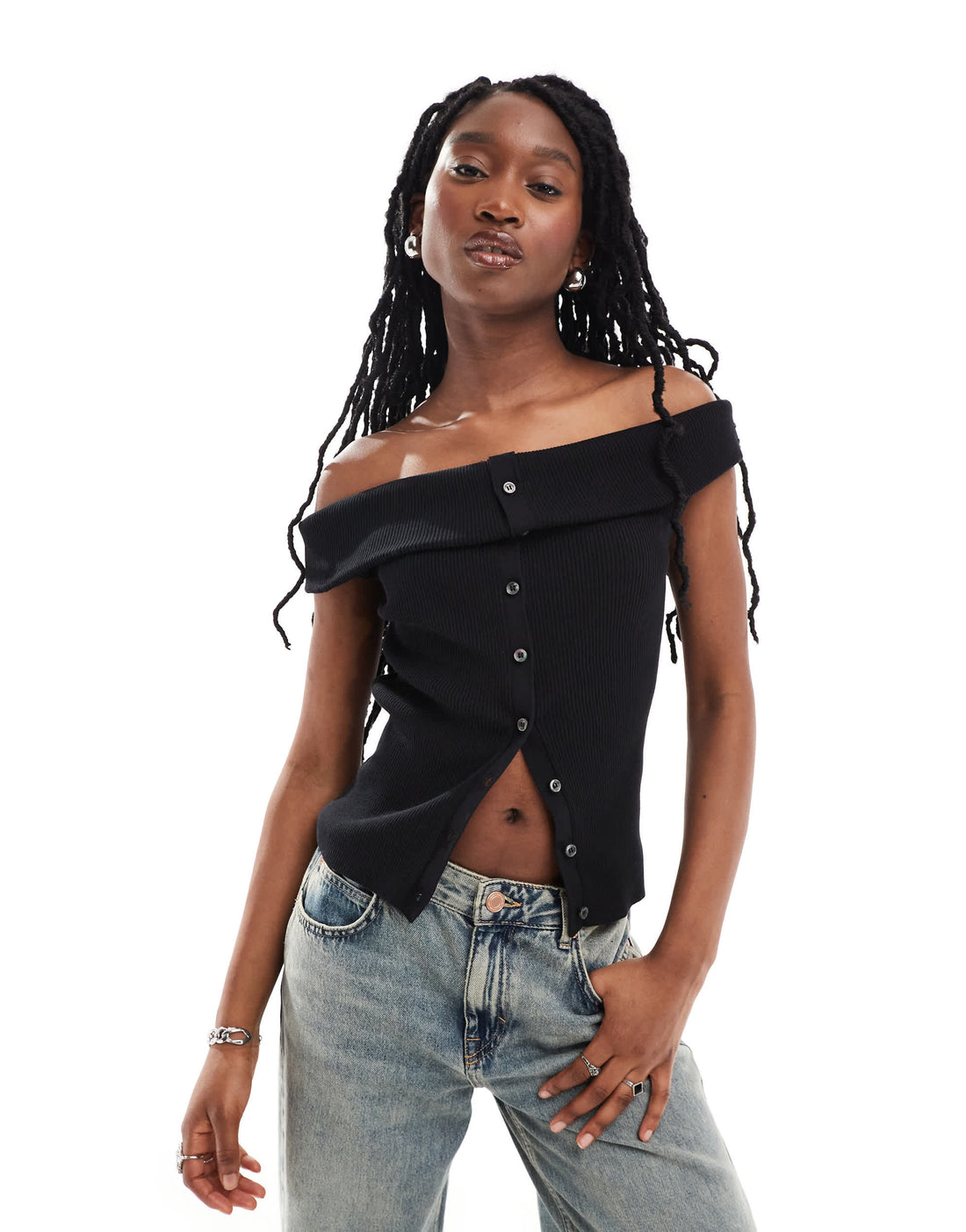 Weekday Yolanda knitted off shoulder top with button front in black ...