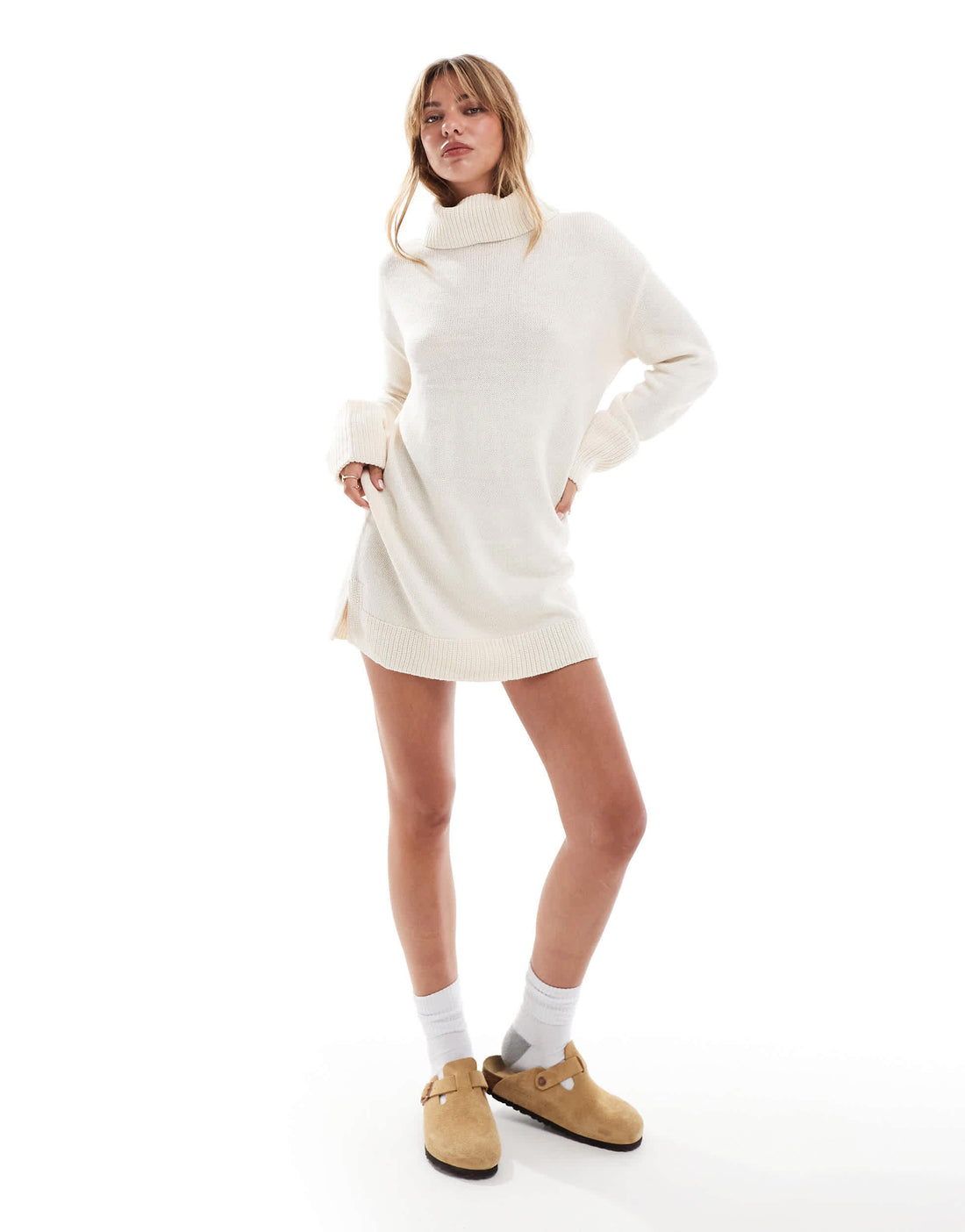 Brave Soul knitted roll neck mini jumper dress in cream – ASOS Sample Sale