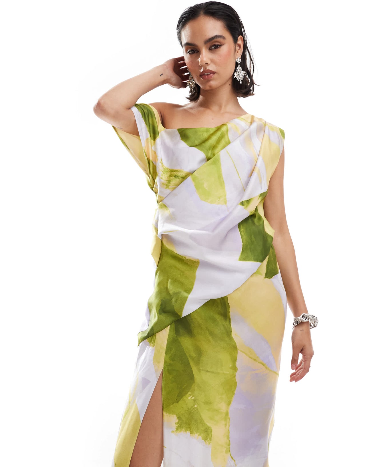 ASOS DESIGN satin off shoulder draped midi dress with split in lilac c ...