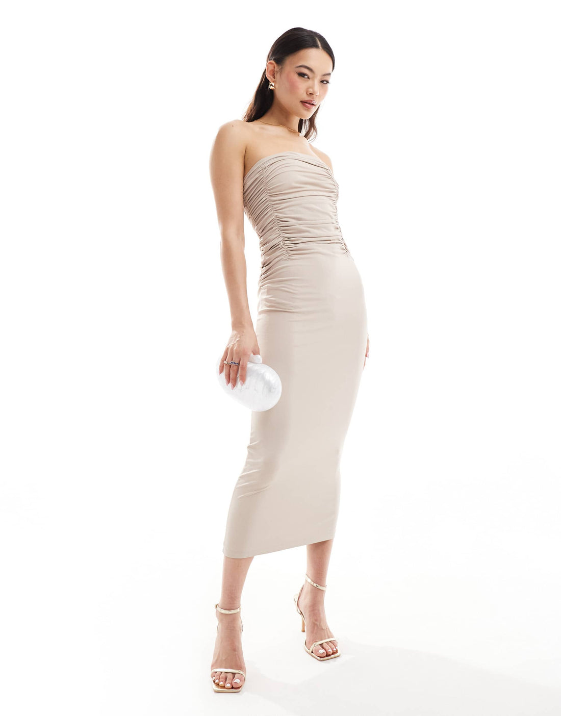 ASOS DESIGN sculpting jersey ruched bust cami midi dress in stone ...