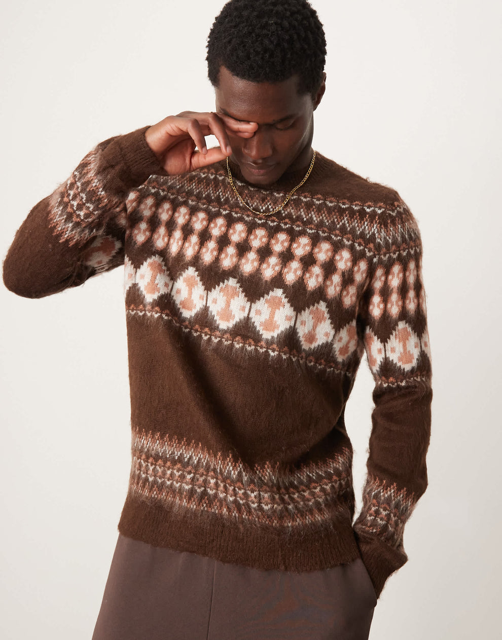 ASOS DESIGN knitted crew neck jumper with fairisle pattern in brown ...