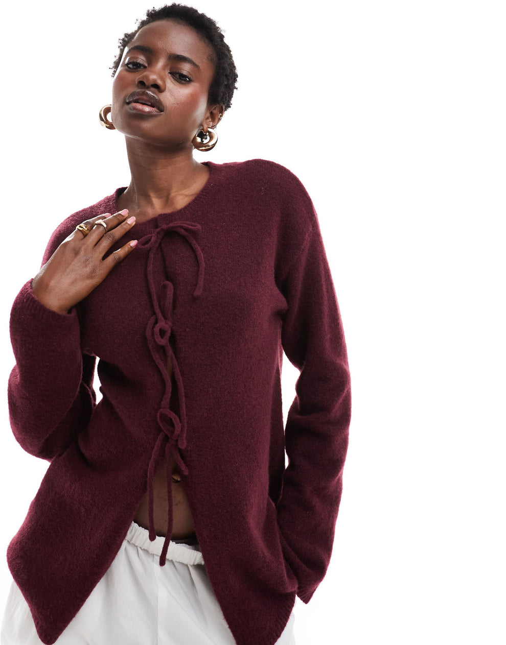 Monki knit bow tie up cardigan in burgundy – ASOS Sample Sale