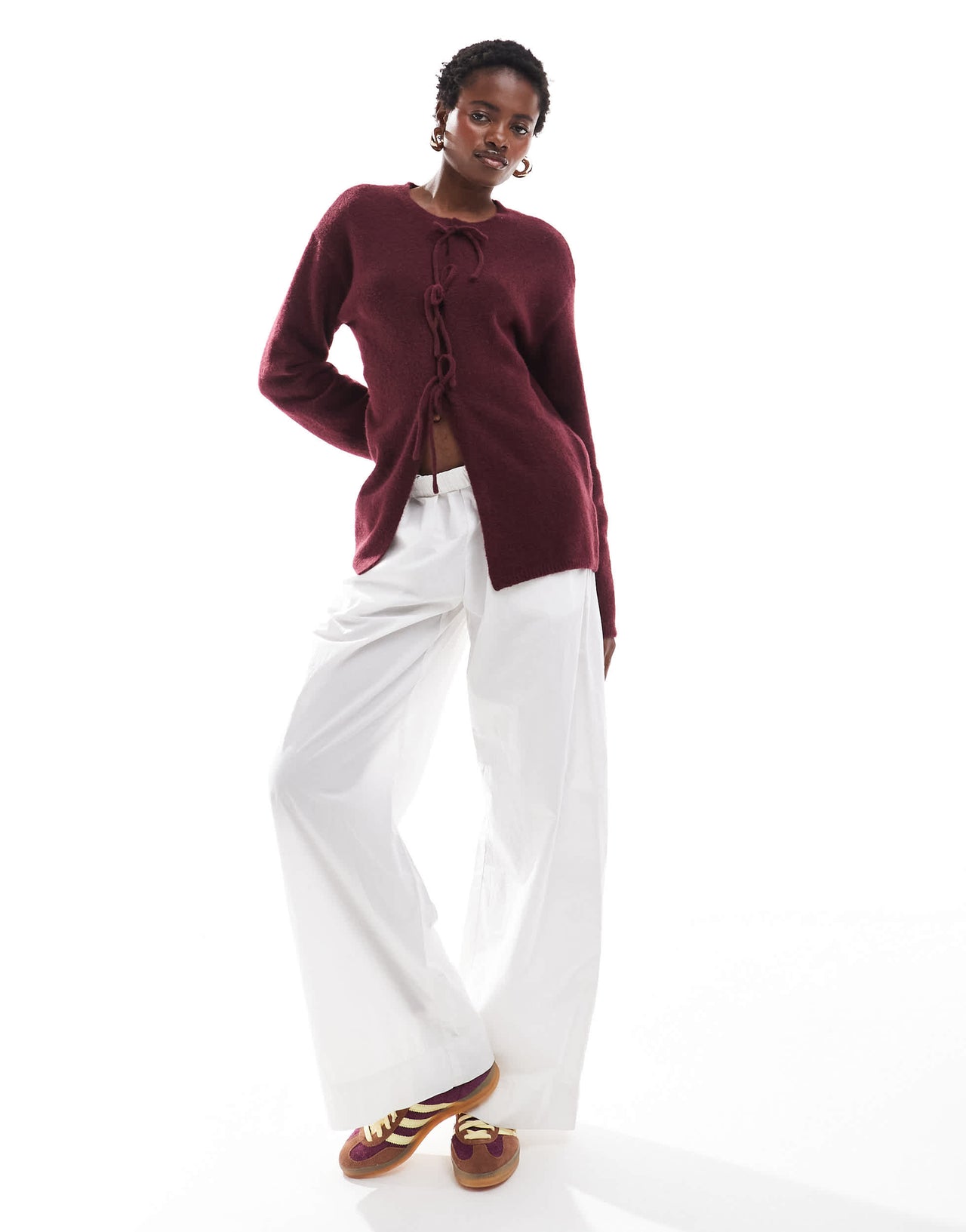 Monki knit bow tie up cardigan in burgundy – ASOS Sample Sale