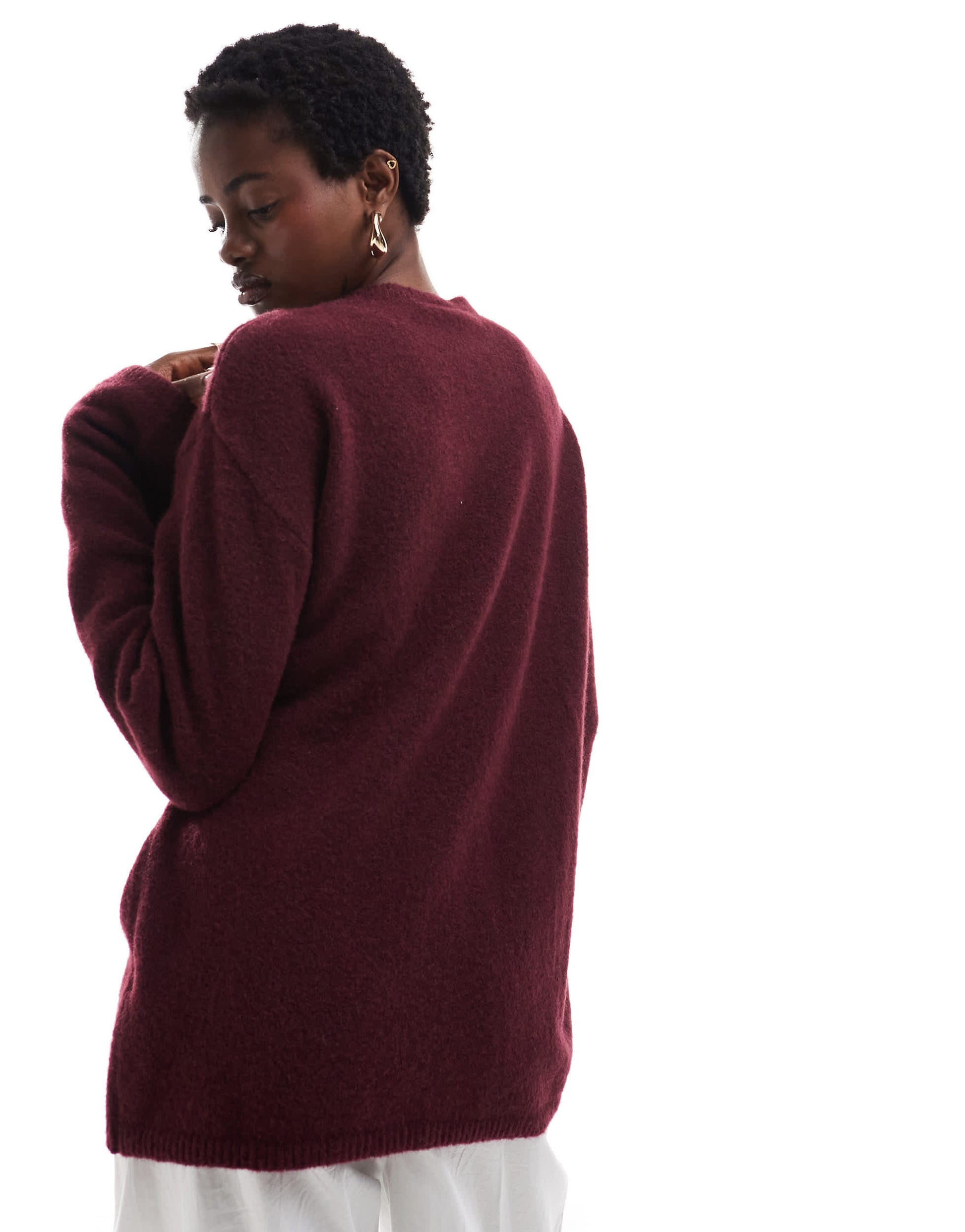 Monki knit bow tie up cardigan in burgundy – ASOS Sample Sale