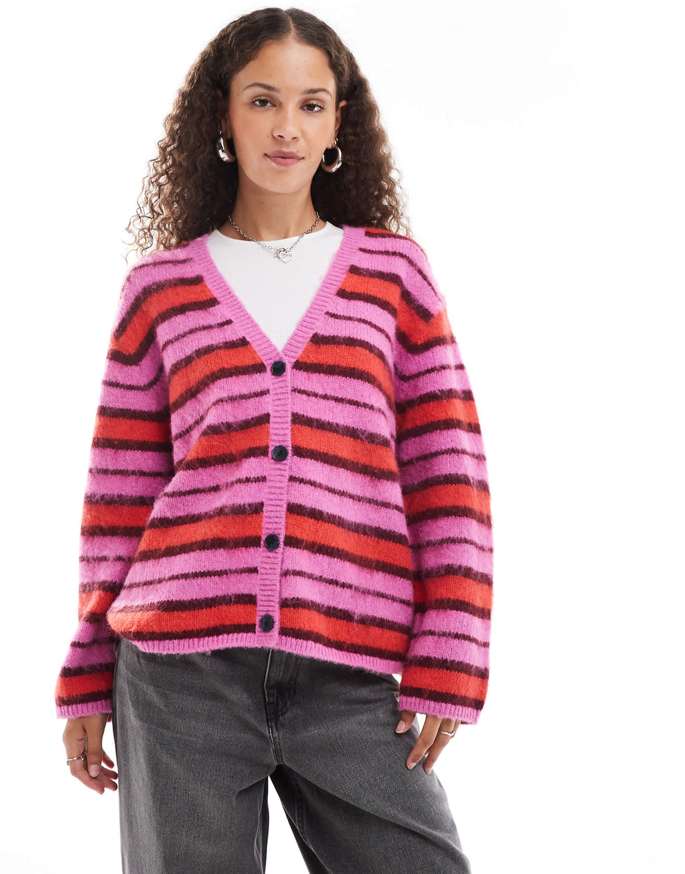 Monki fluffy yarn knitted cardigan with v neck in pink and red stripe ...