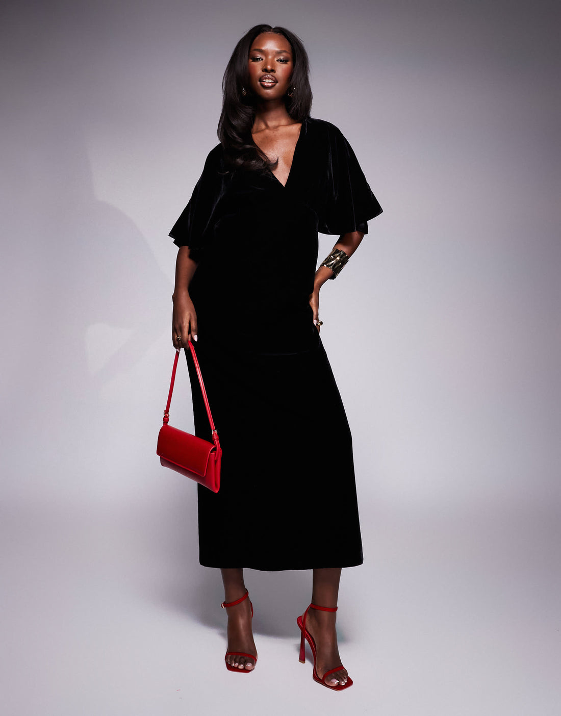 ASOS DESIGN plunge front velvet flutter sleeve midaxi dress in black ...