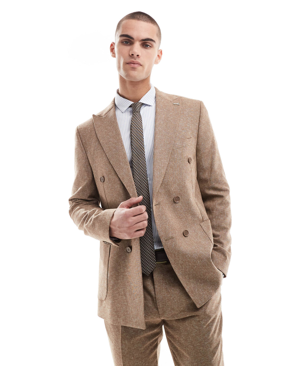 Shelby and Sons double breasted tailored slim blazer in mid brown co-o ...