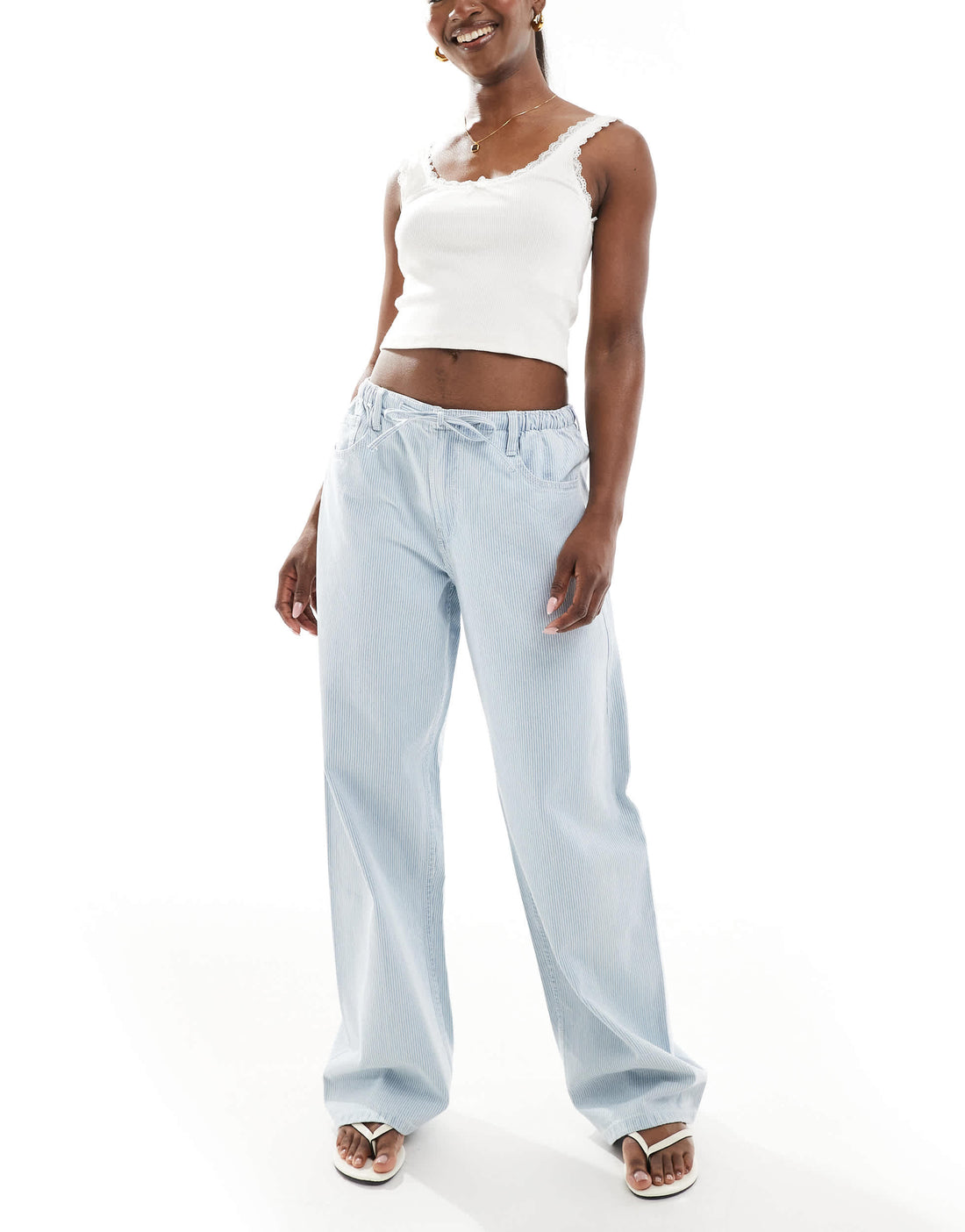 Bershka tie front wide leg jeans in blue stripe – ASOS Sample Sale