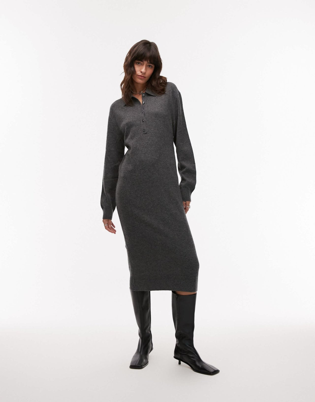 ARKET wool knitted midaxi dress with deep placket polo collar in dark ...