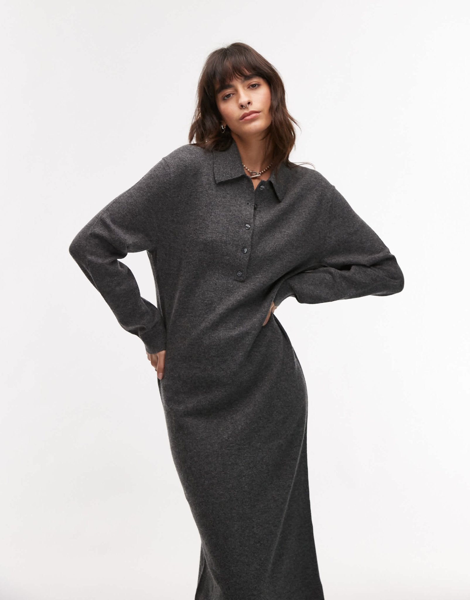 ARKET wool knitted midaxi dress with deep placket polo collar in dark ...