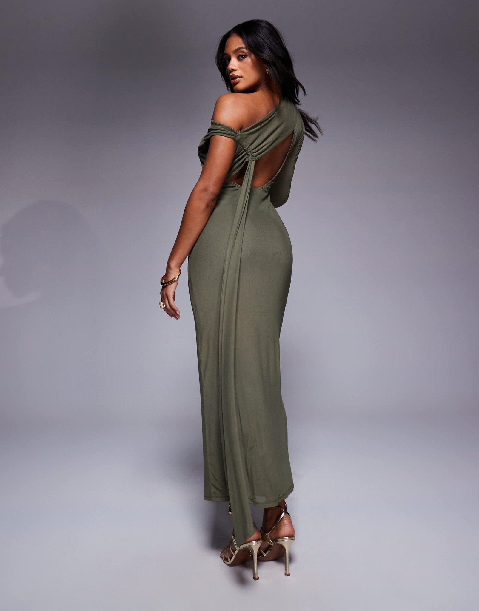 ASOS DESIGN one sleeve with open back with sash detail and mesh insert ...