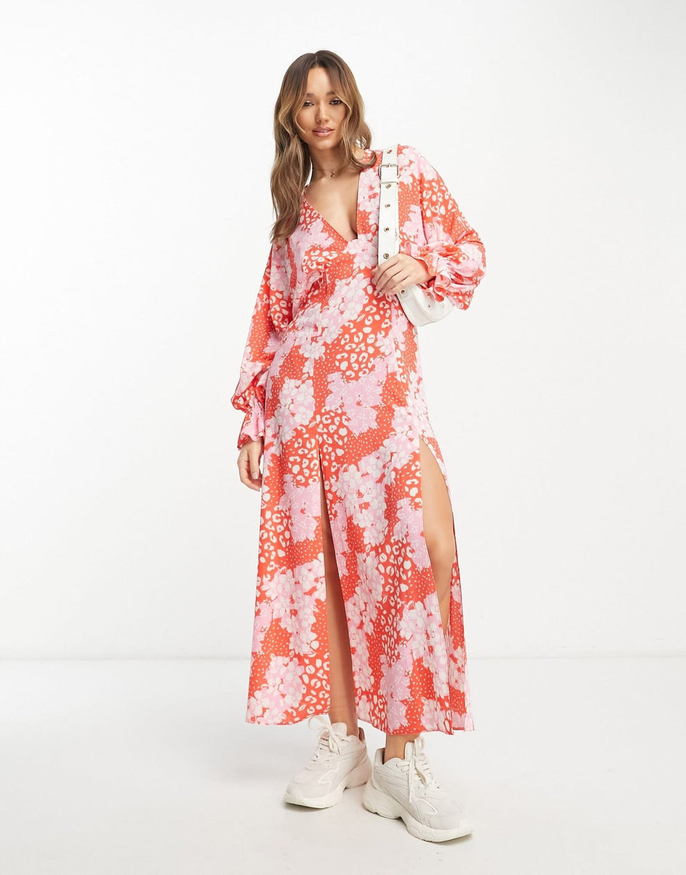 ASOS DESIGN plunge batwing maxi dress in pink splice print – ASOS ...