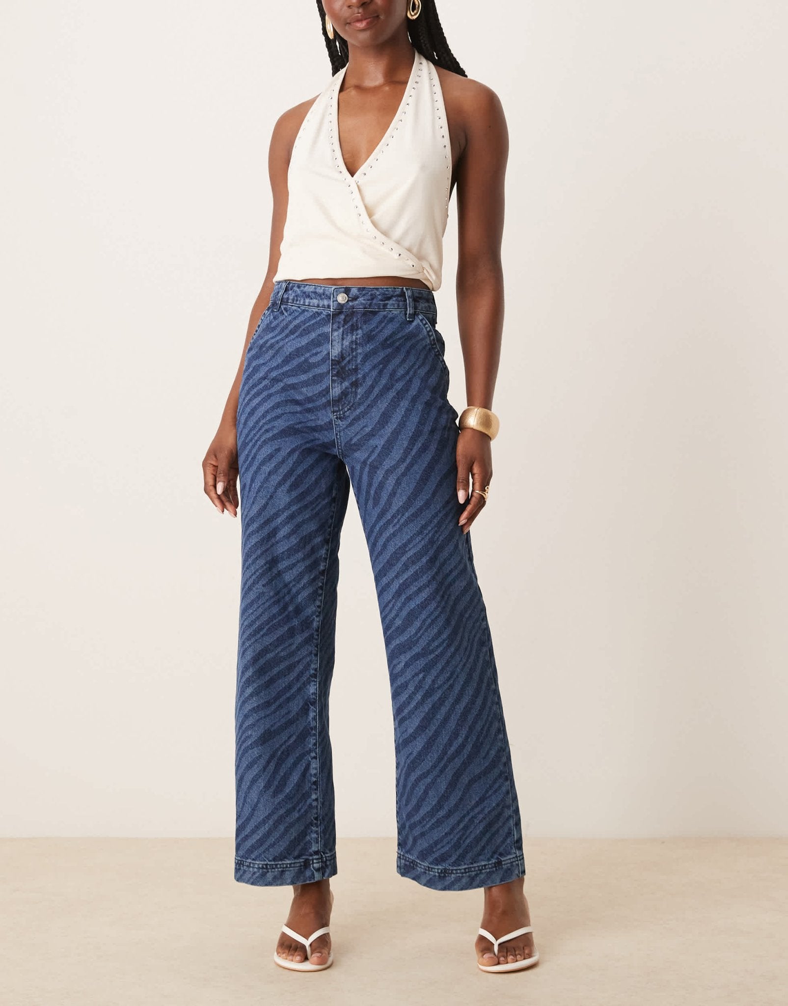ASOS DESIGN wide leg cropped jean with zebra laser in mid blue – ASOS ...