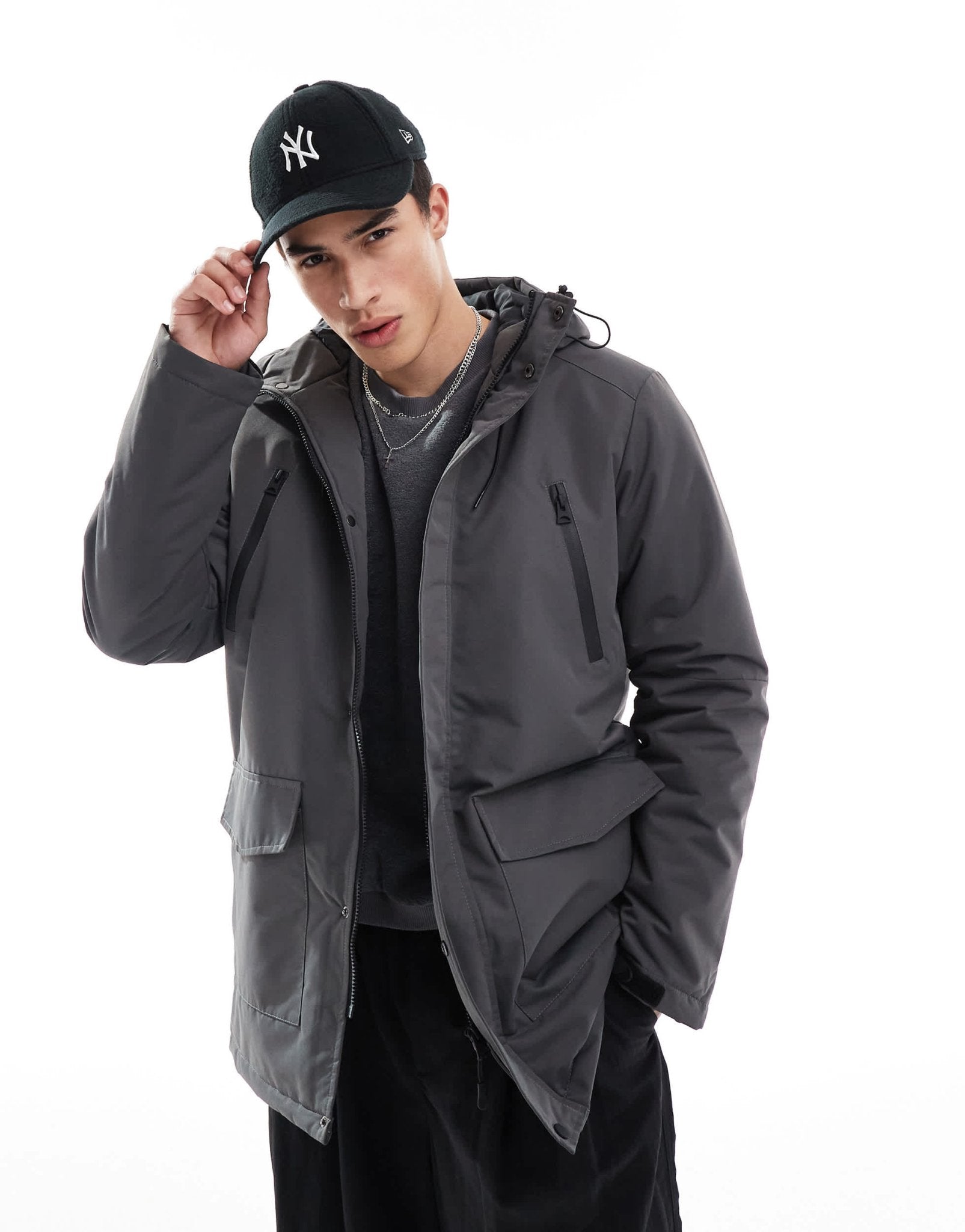 Brave Soul parka jacket with hood and concealed zip in grey – ASOS ...