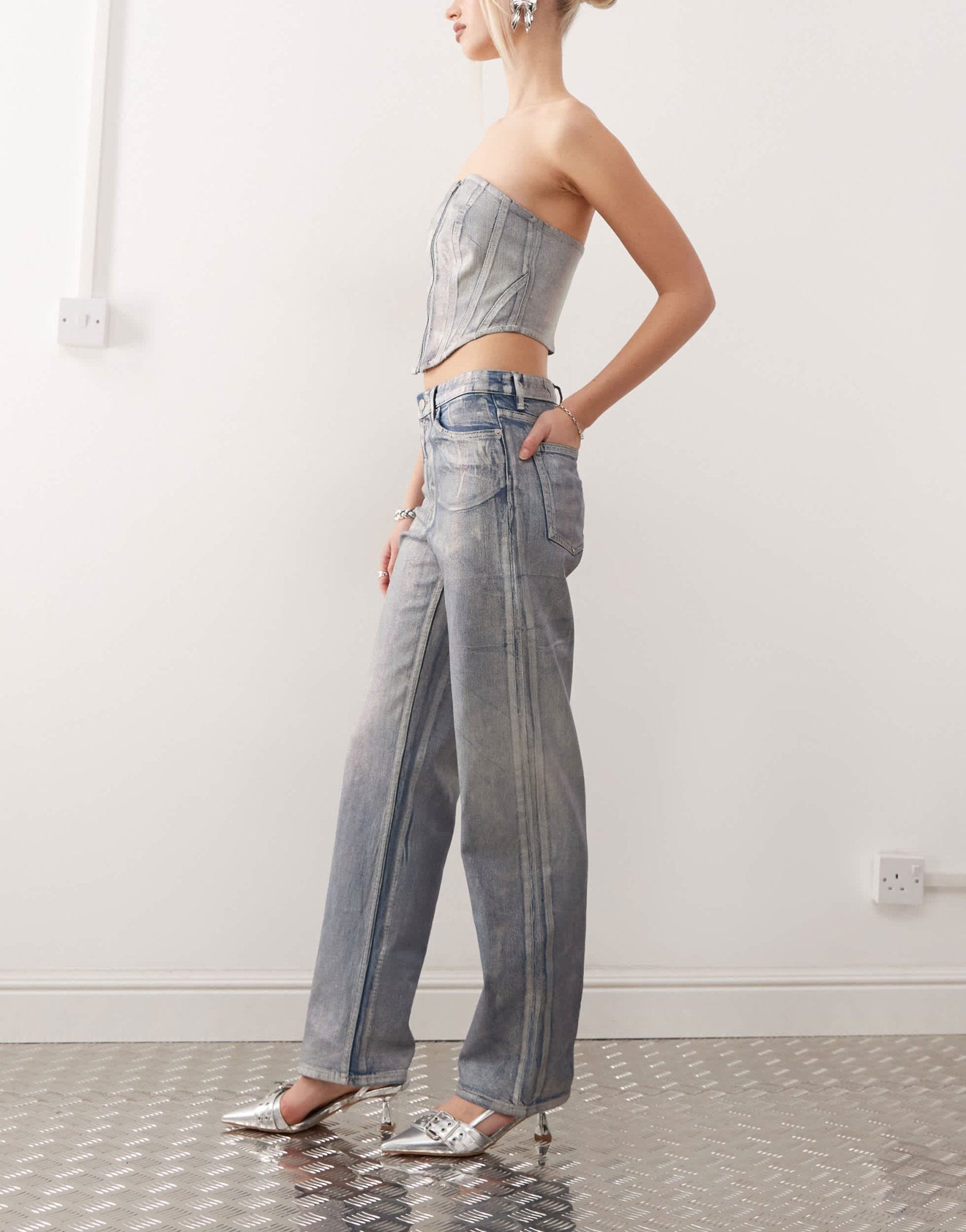 Monki co-ord Aimo straight leg jeans in holographic wash – ASOS Sample Sale