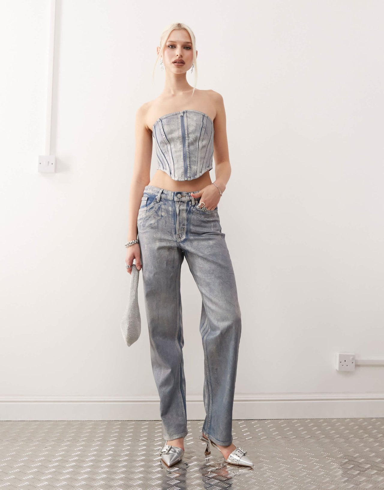 Monki co-ord Aimo straight leg jeans in holographic wash – ASOS Sample Sale