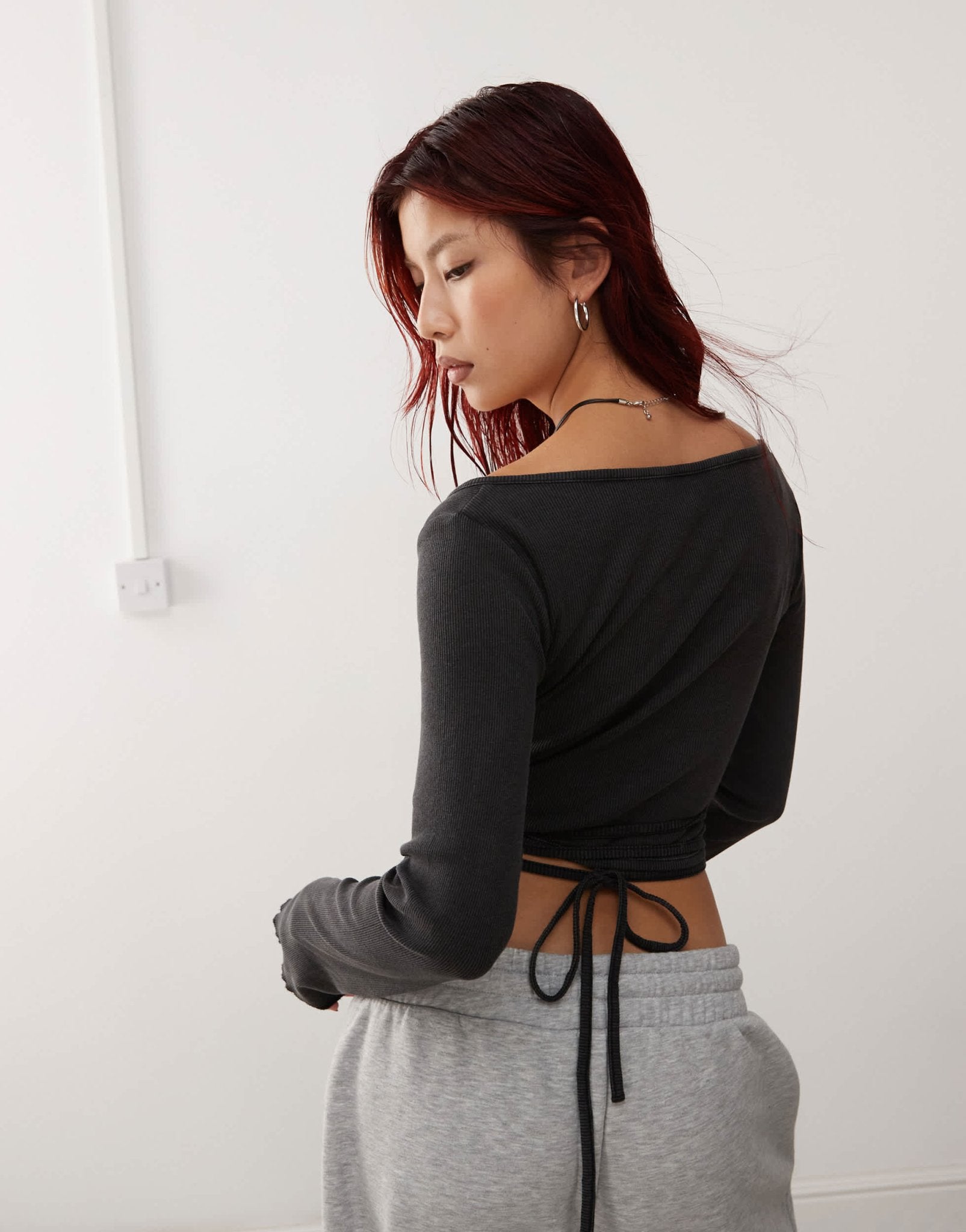 Monki wrapped rib yoga cardigan with tie details in washed black – ASOS ...