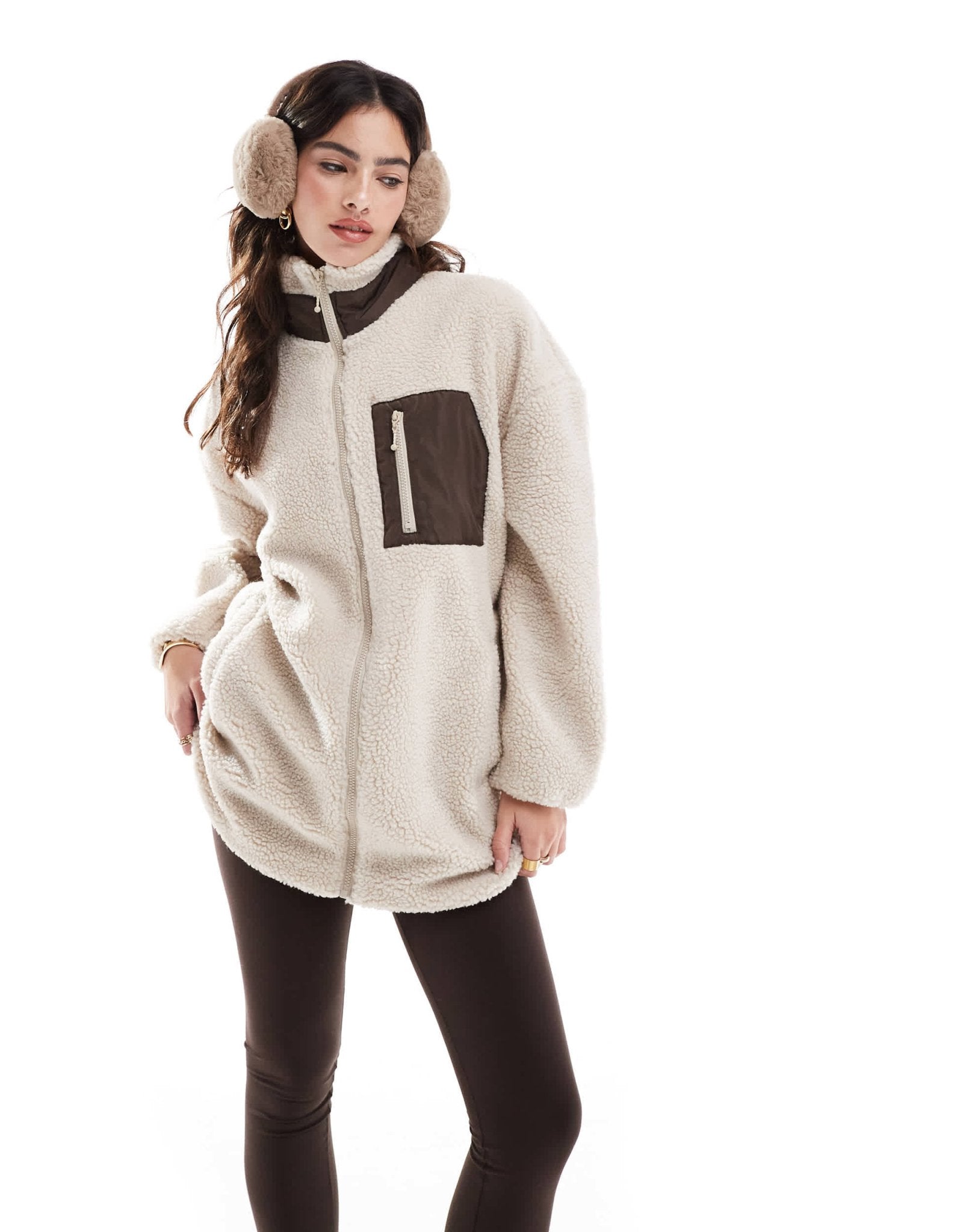 ONLY roll neck teddy fleece jacket in beige with brown pocket detail ...