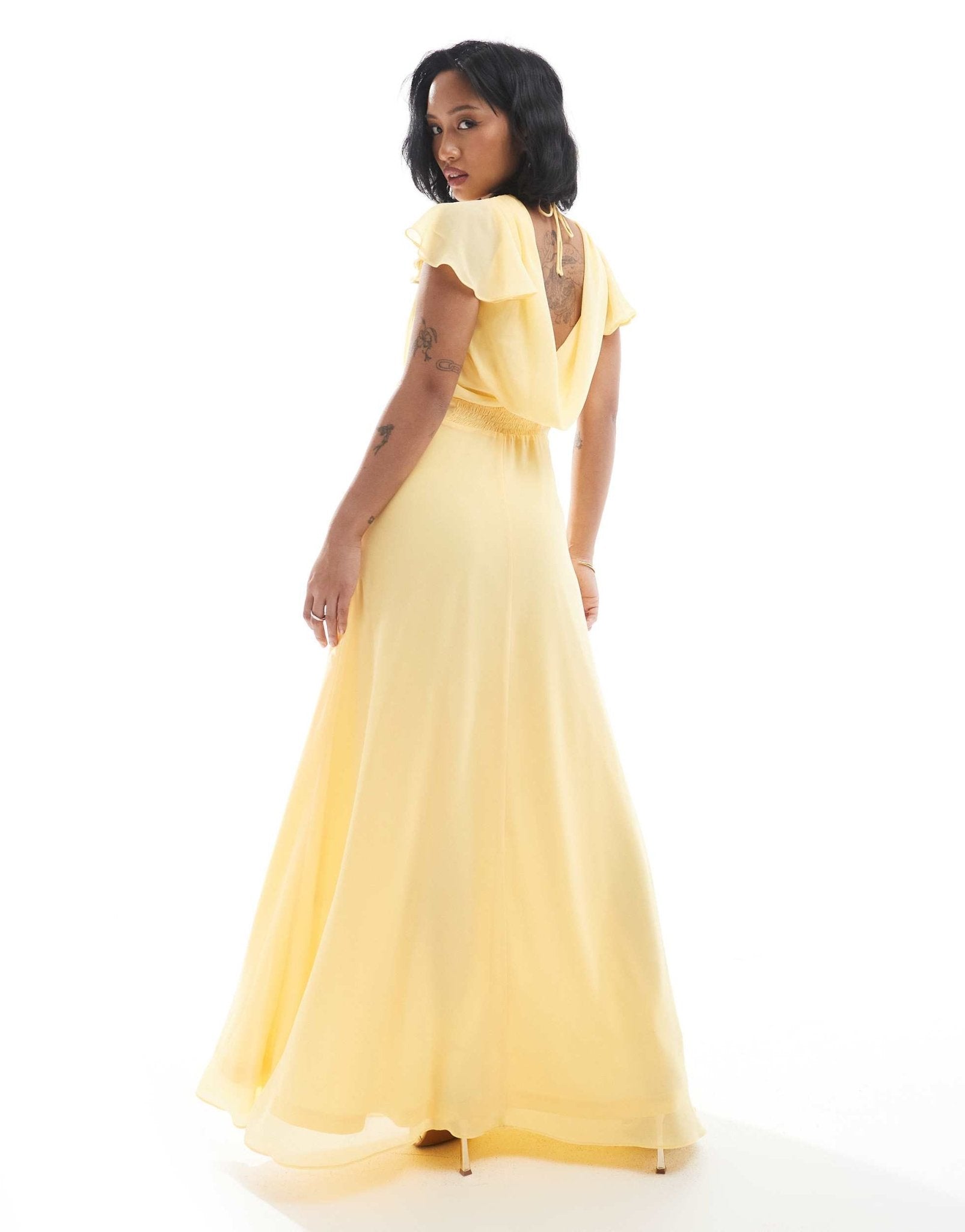TFNC Petite Bridesmaid flutter sleeve cowl back chiffon maxi dress in ...